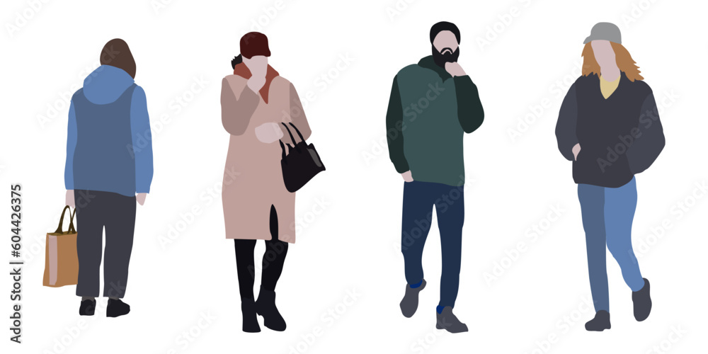 Set of drawings of people on the street in spring clothes. 2D image for ...