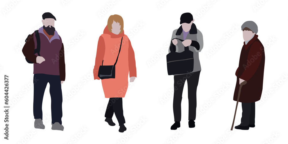 Set of drawings of people on the street in spring clothes. 2D image for ...