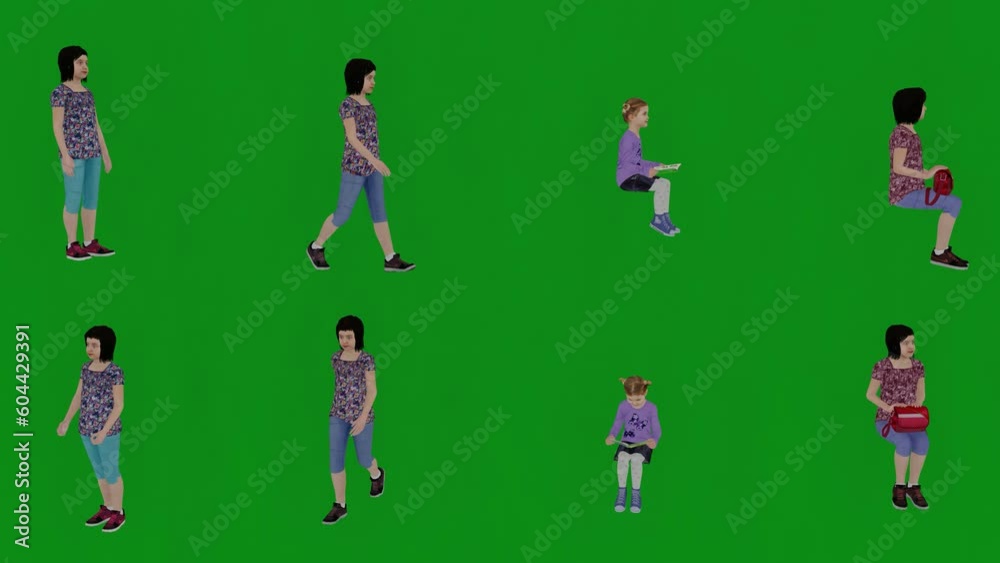 3d different cute little girls on green screen walking and sitting and ...