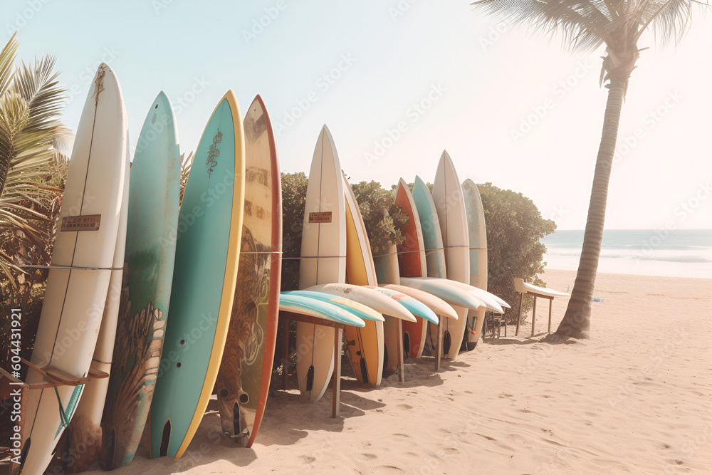 Different surf boards in stack on sandy tropical beach. Outdoors. Sunny ...