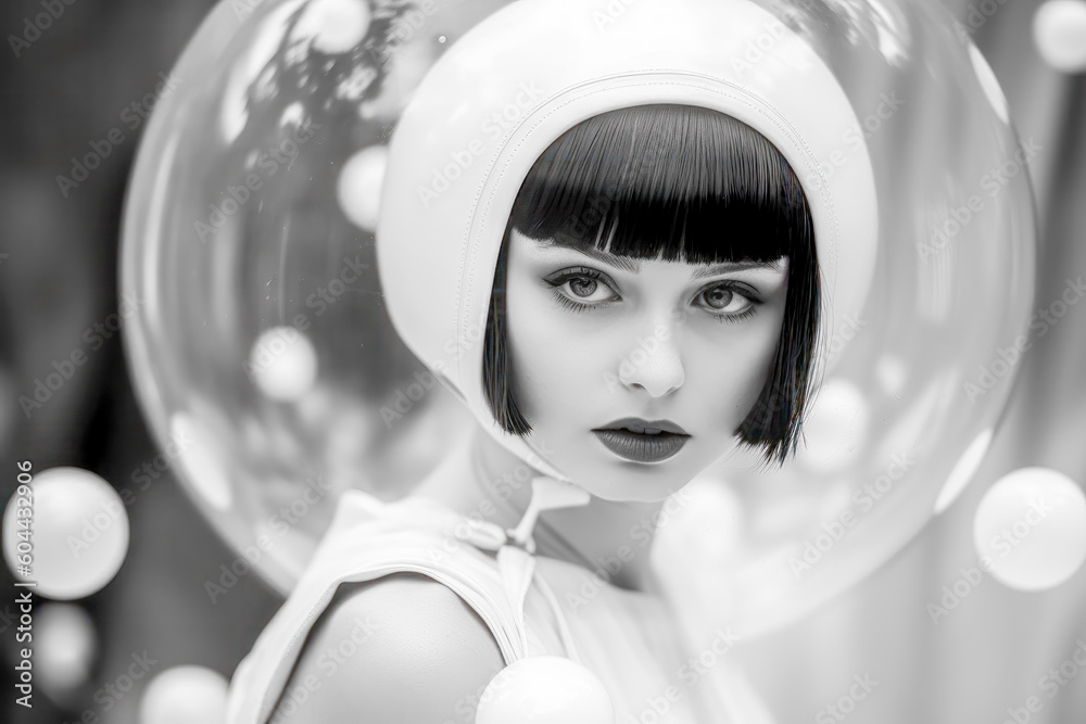 Cyborg doll living in a bubble young woman or doll in futuristic style ...