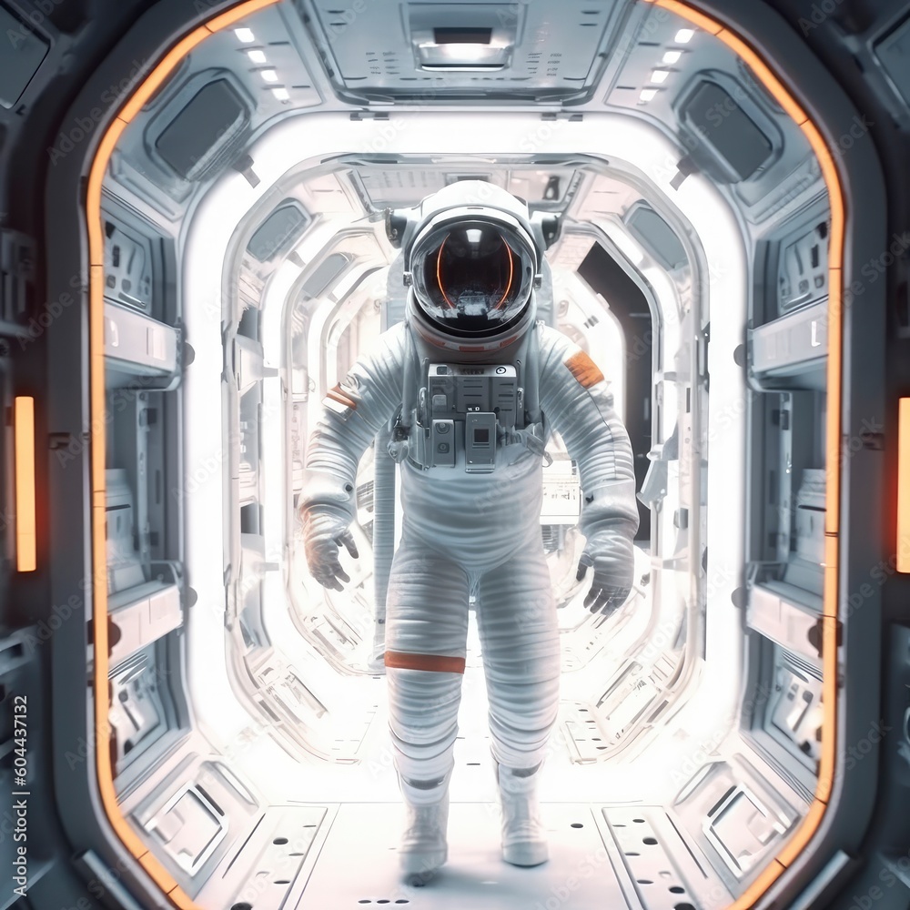 Astronaut has fun and jumps out of the spaceship's airlock. An ...