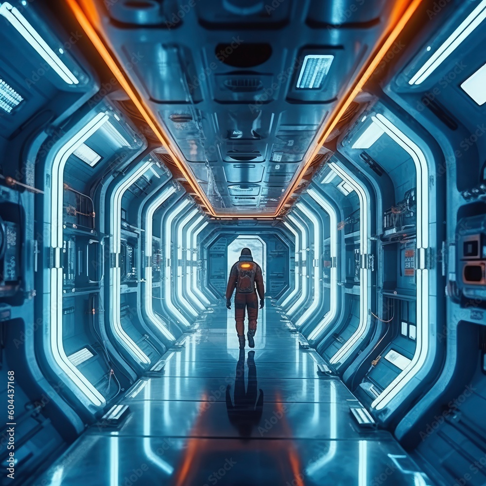 Astronaut has fun and jumps out of the spaceship's airlock. An ...