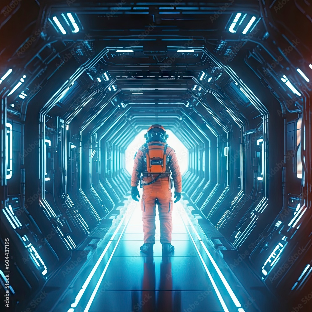 Astronaut has fun and jumps out of the spaceship's airlock. An ...