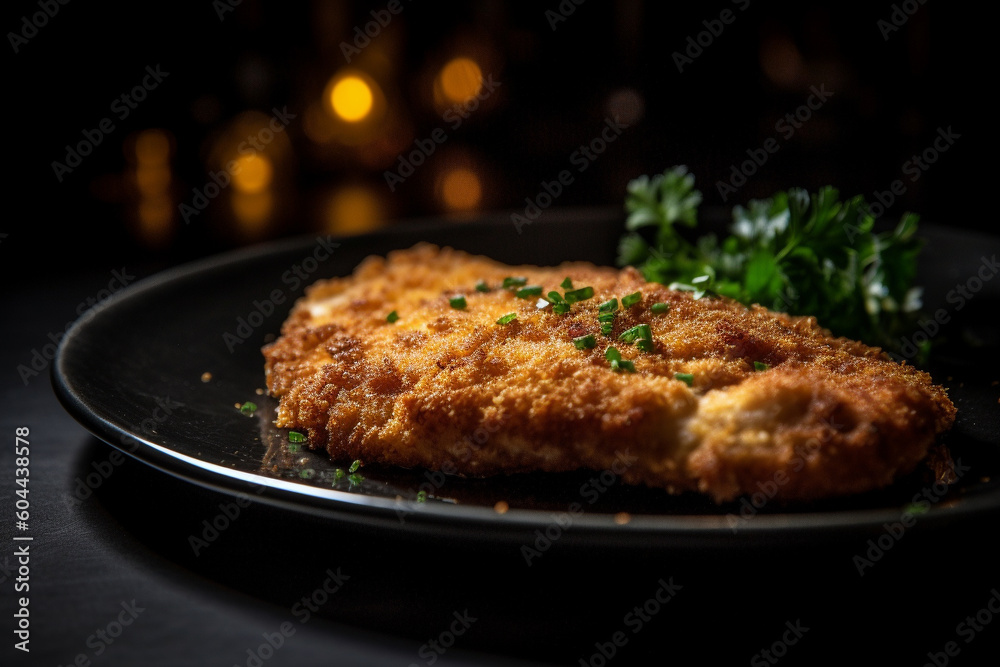 Tasty and crispy chicken schnitzel product photography with natural ...
