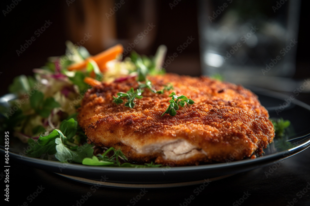 Tasty and crispy chicken schnitzel product photography with natural ...