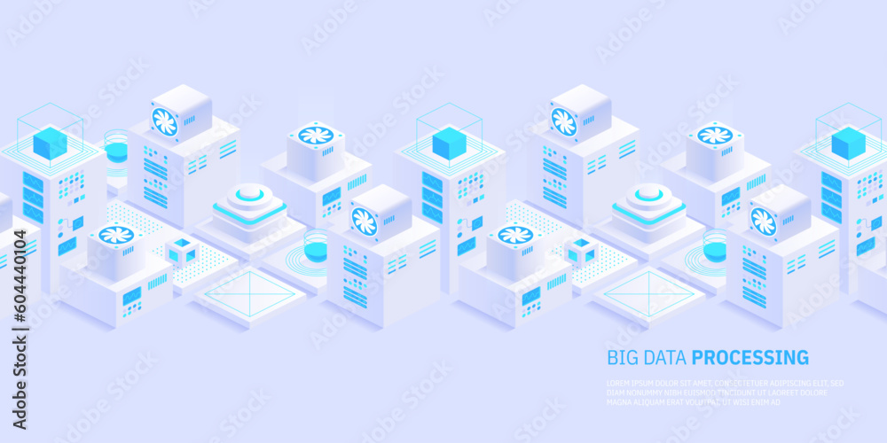 Vector isometric server room. Quantum computer. Cloud storage data center. Web hosting. Big data ...