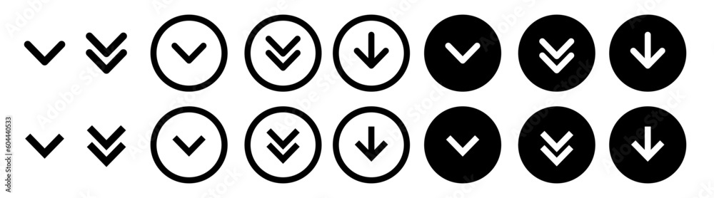 Down arrows set. Scroll downward vector icon set. Black simple arrow ...