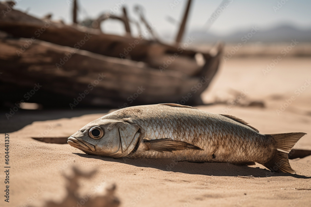 Dead fish on dry desert floor symbolizing overfishing and climate ...