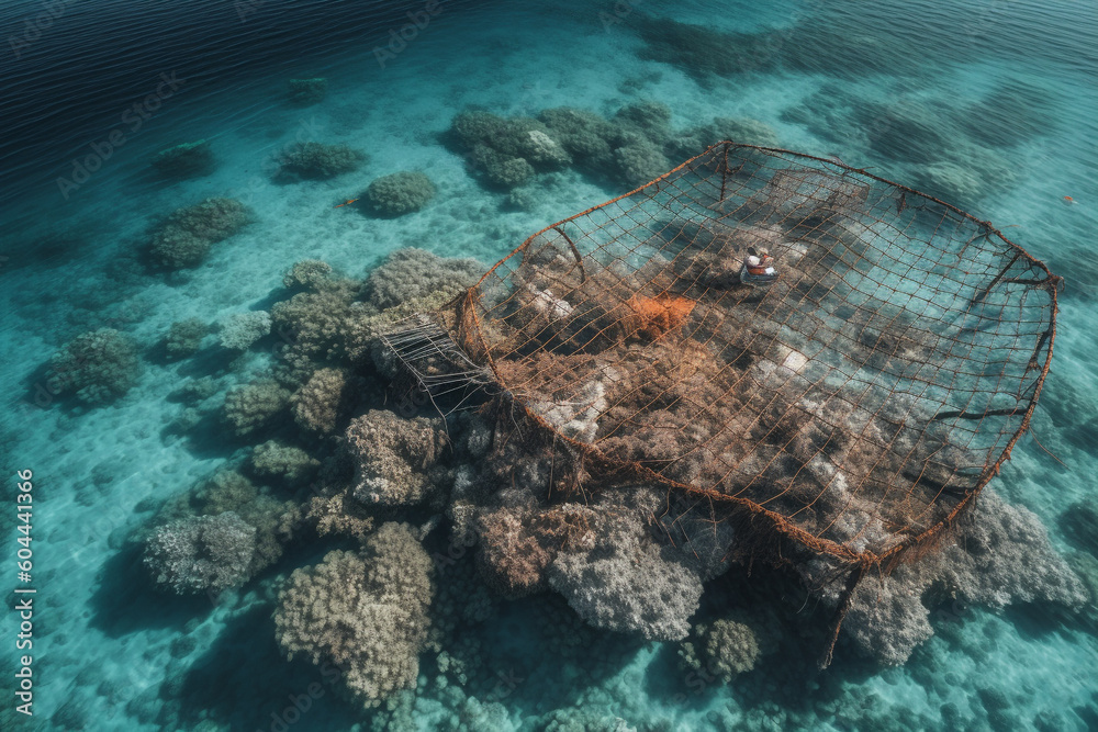 Overfishing symbolized by a rotting fishing net over a decaying coral ...