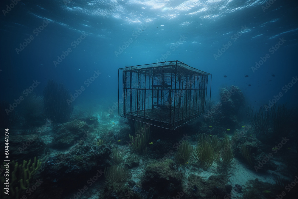 Rotten crab fishing cage at bottom of ocean representing environmental ...