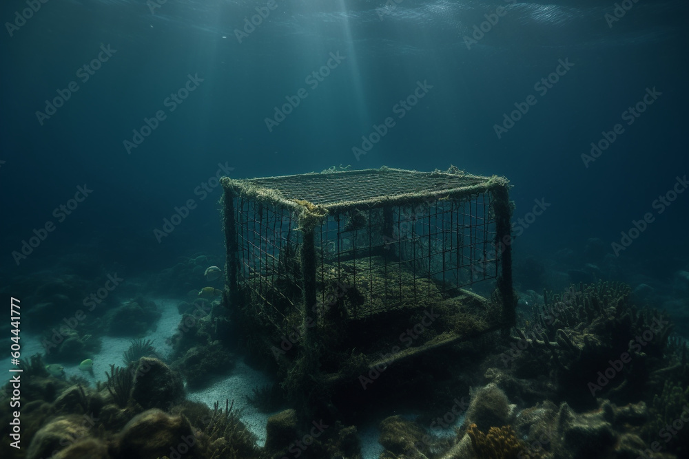 Rotten crab fishing cage at bottom of ocean representing environmental ...
