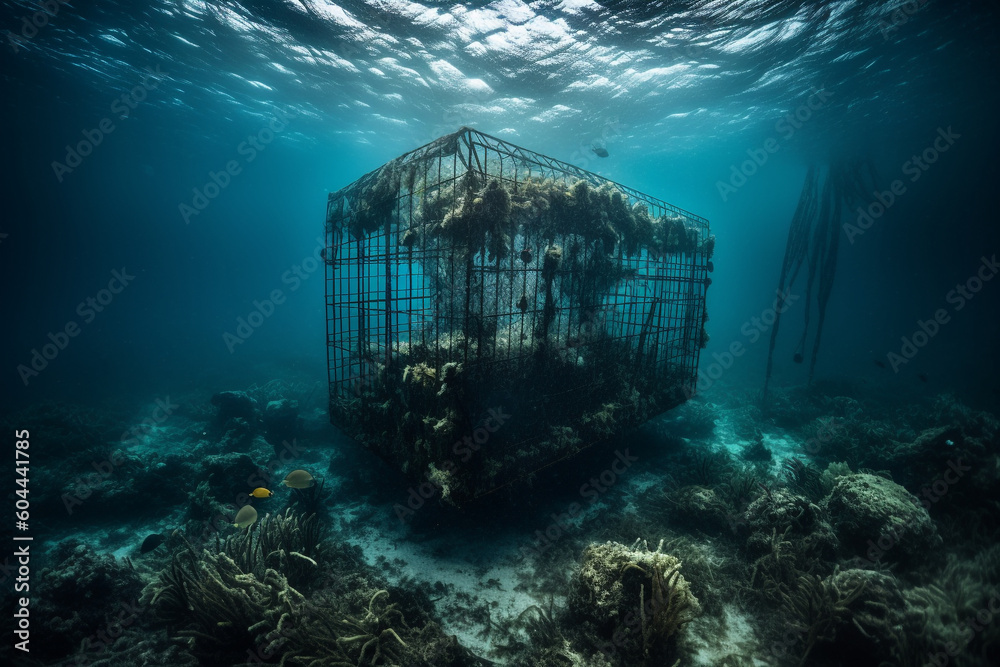 Rotten crab fishing cage at bottom of ocean representing environmental ...