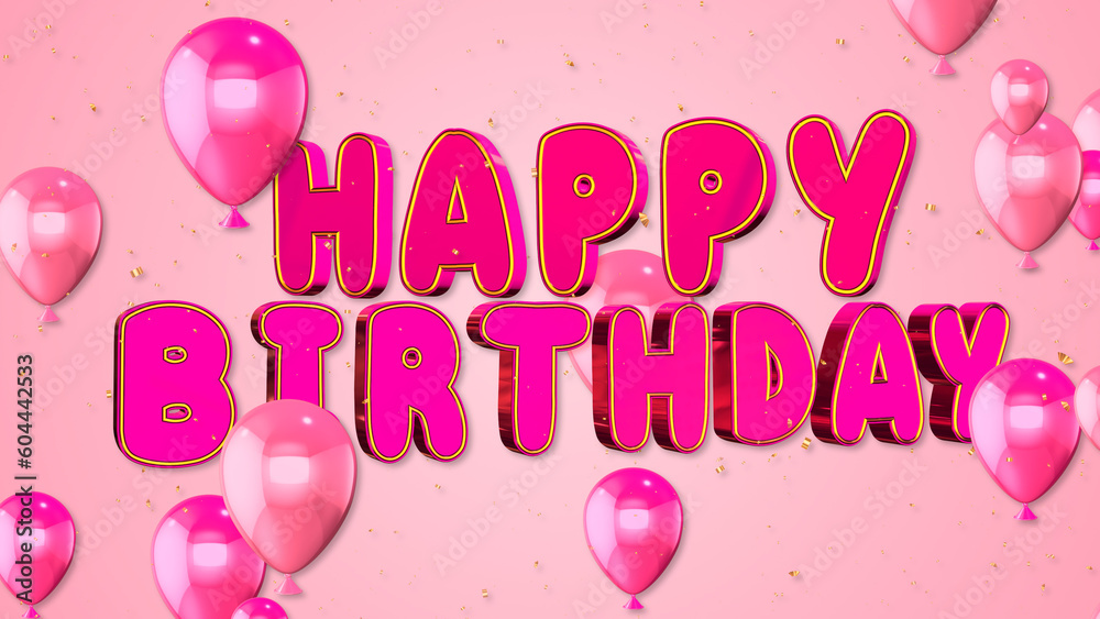 3d pink happy birthday text and balloons, golden confetti rain, party ...
