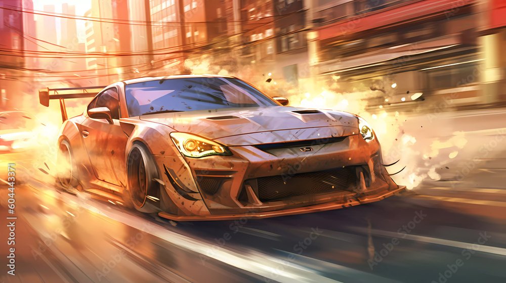 Car drifting action scene in the city at night concept art speed race ...