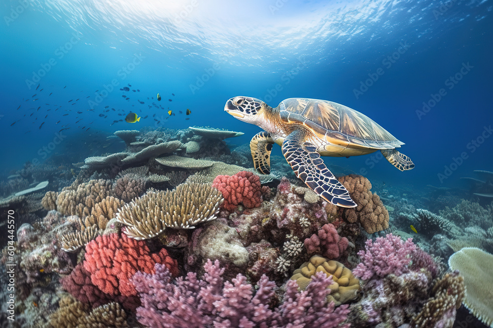 turtle swimming in the ocean surrounded by coral, sea turtles ...