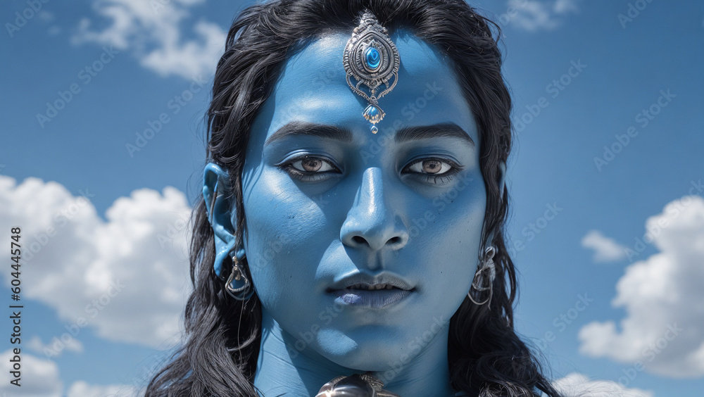 closeup of hindu god lord shiva with blue skin and black hairs on bluse ...