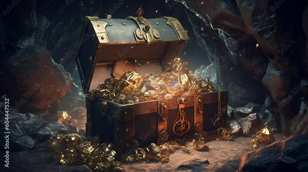 treasure chest with gold in it. located in a mysterious cave ...