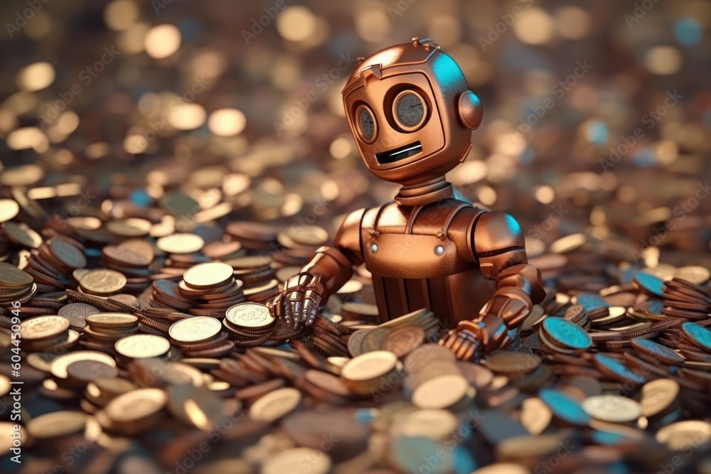 AI Generated pile of cooper coins robot symbol on the coins side ...