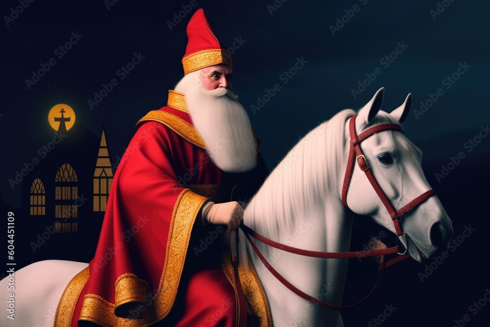 Sinterklaas on his white horse on the rooftops at night, a scene for ...