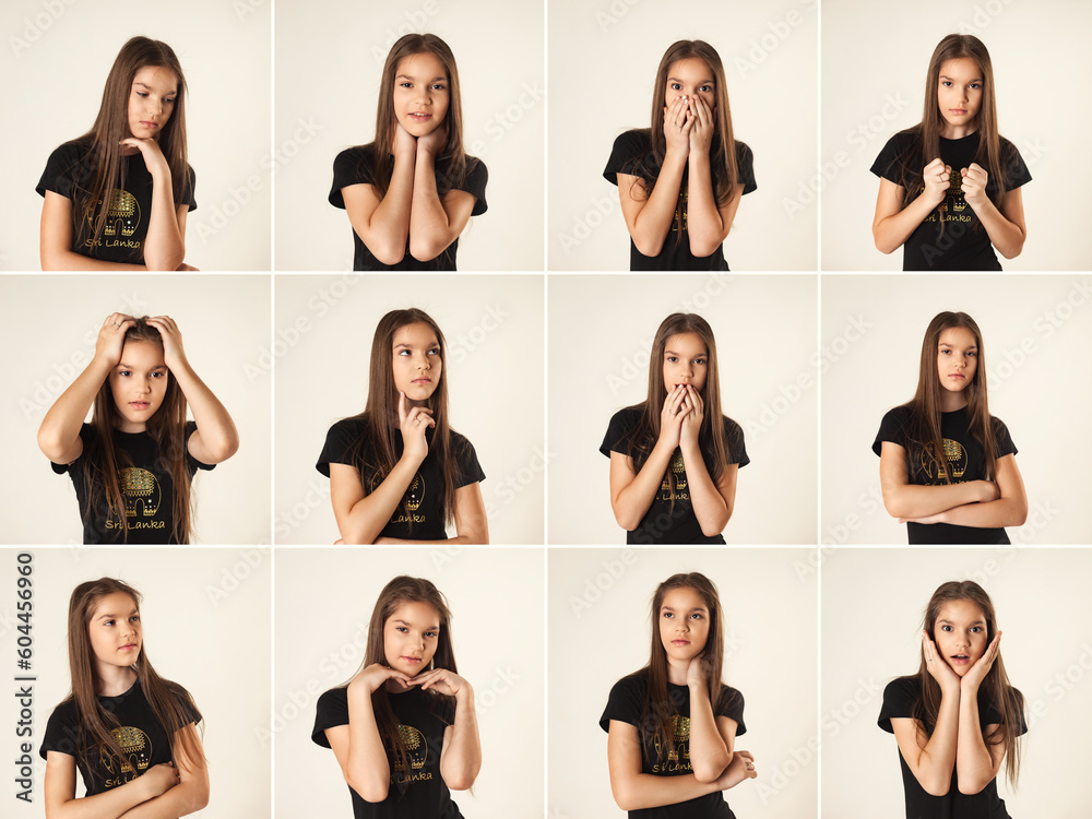 Collage set of shots with different facial expressions teen girl posing ...