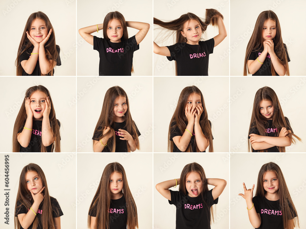 Collage set of shots with diverse facial expressions little girl ...