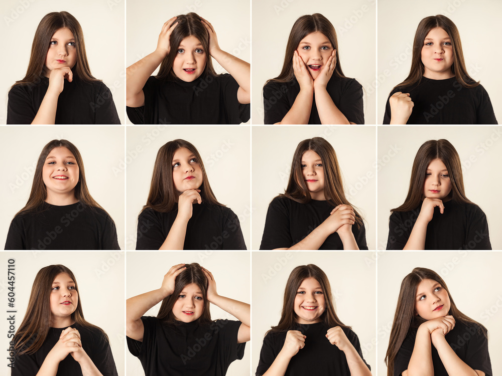Collage set of shots with different facial expressions teen girl ...