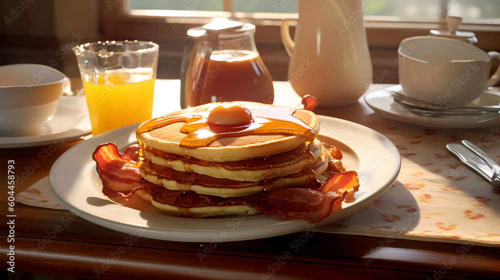 Desayuno completo: pila de pancakes, tiras de tocino, chorreando miel ...