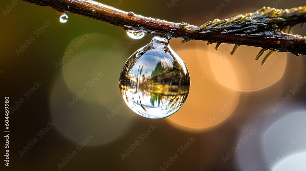 Close-up of a raindrop suspended in mid-air just above the water, with ...