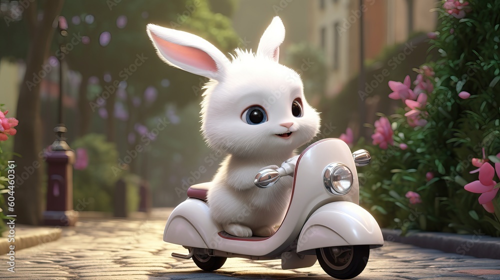 Funny cartoon rabbit riding a scooter. Cute, adorable fluffy white ...