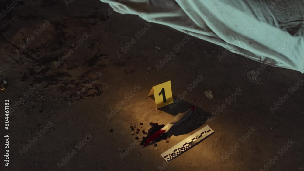 Close-up shot of blood of murder victim on ground at crime scene, signs ...