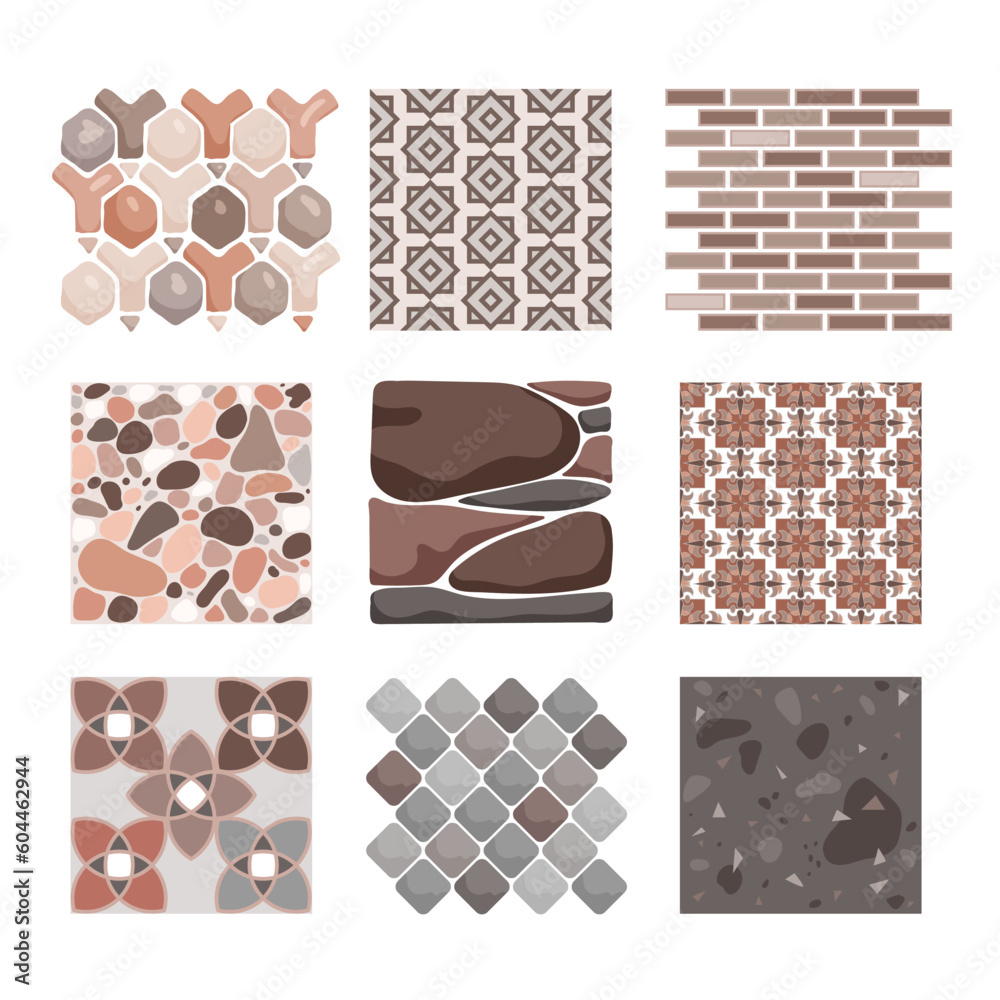 Pavement textures and floor tiles set. Cartoon isolated blocks and ...