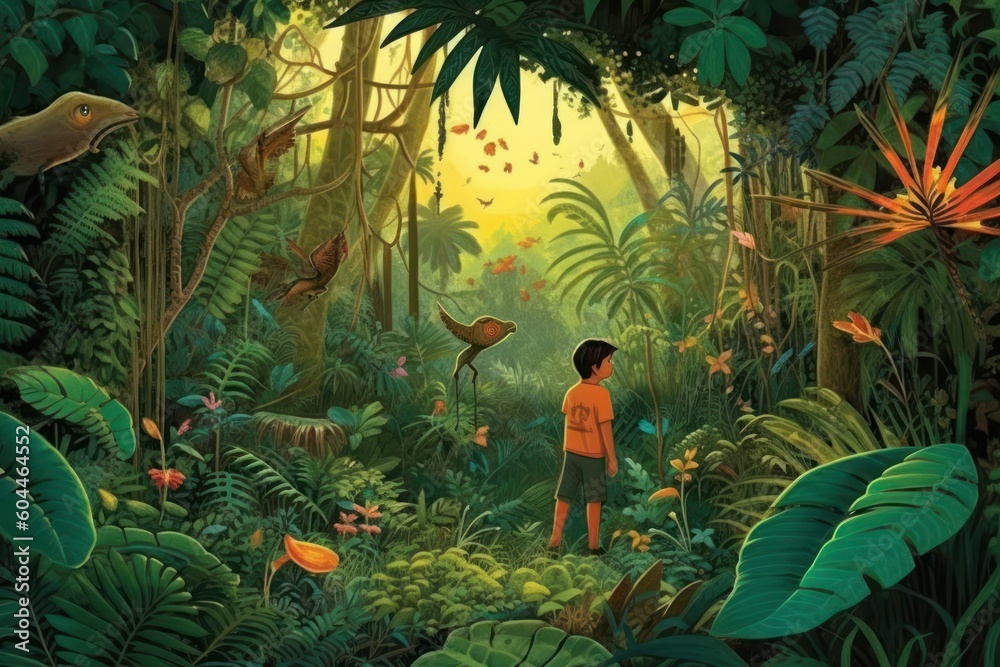 AI Generated childrens story book page of boy adventures into a lush ...