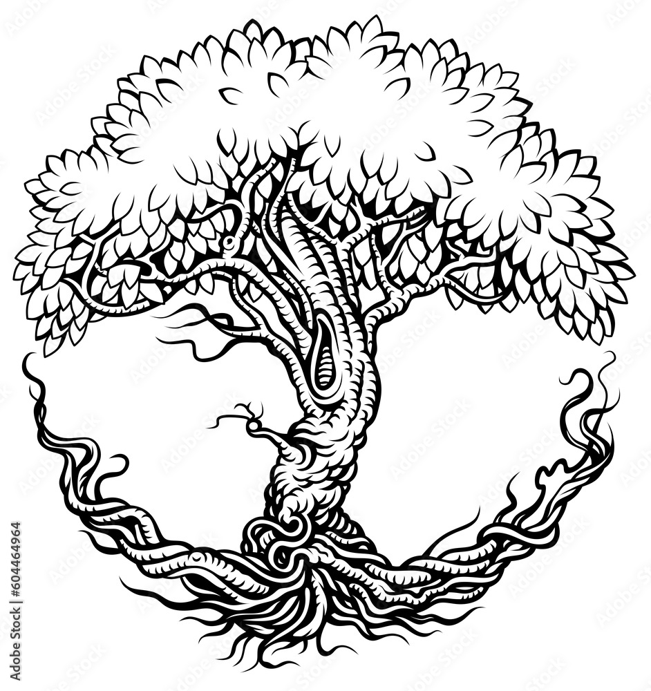 Scandinavian Mythological Tree Of Life Isolated Tree With Roots And Leaves Black And White