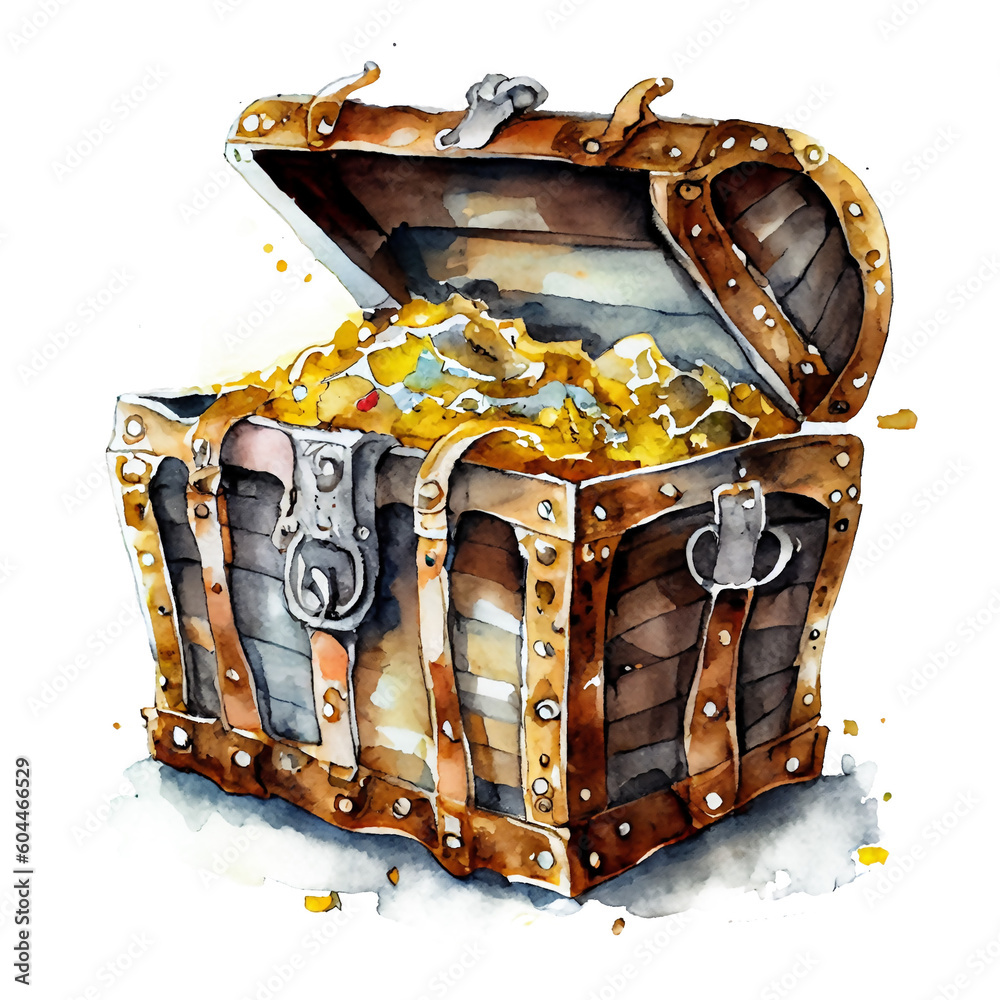 Gold In Wooden Treasure Chest Watercolor Created with Generative AI ...