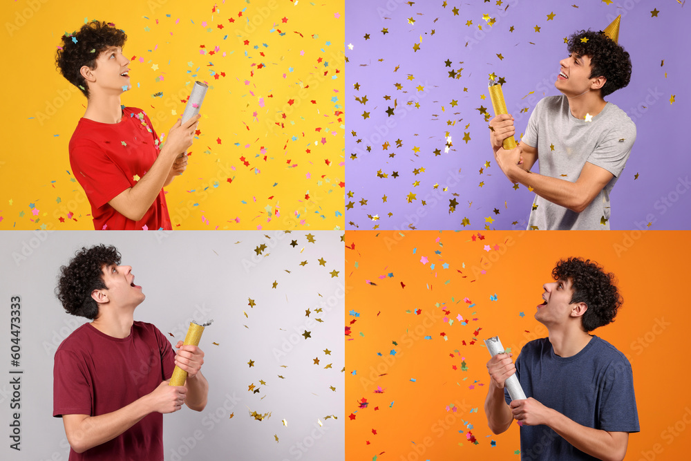 Collage with photos of young men blowing up party poppers on different ...