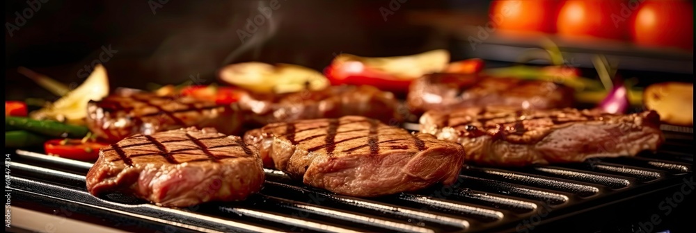 Barbecue Food Cooking on Grill with Black Background Generated by AI ...