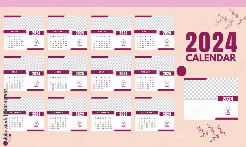 Set of 12 editable template calendars for the 2024 year. Vector ...