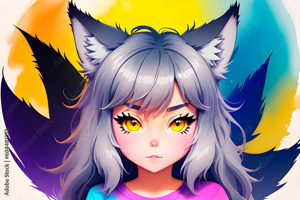 A cute wolf girl. Girl with wolf ears and tails. 2D animation style ...