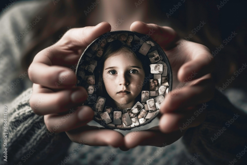 Woman holding her inner child watching ancestral generational trauma ...