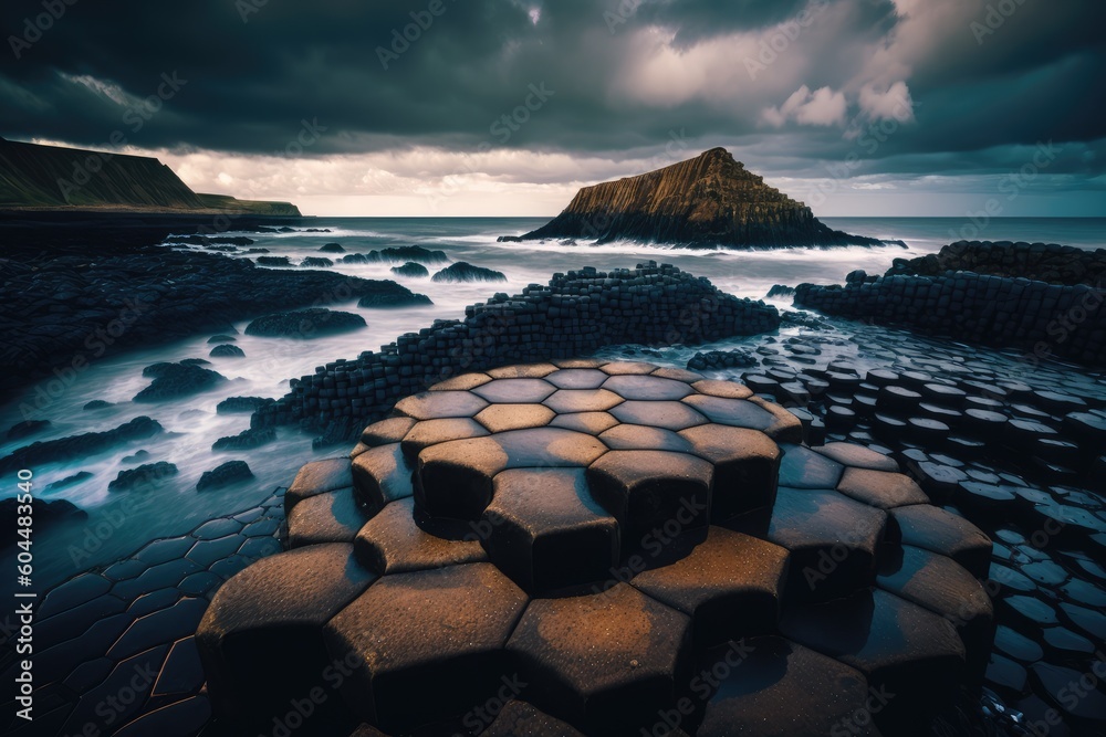 Giants causeway hexagon basalt rock on the sea. distinct generative AI ...