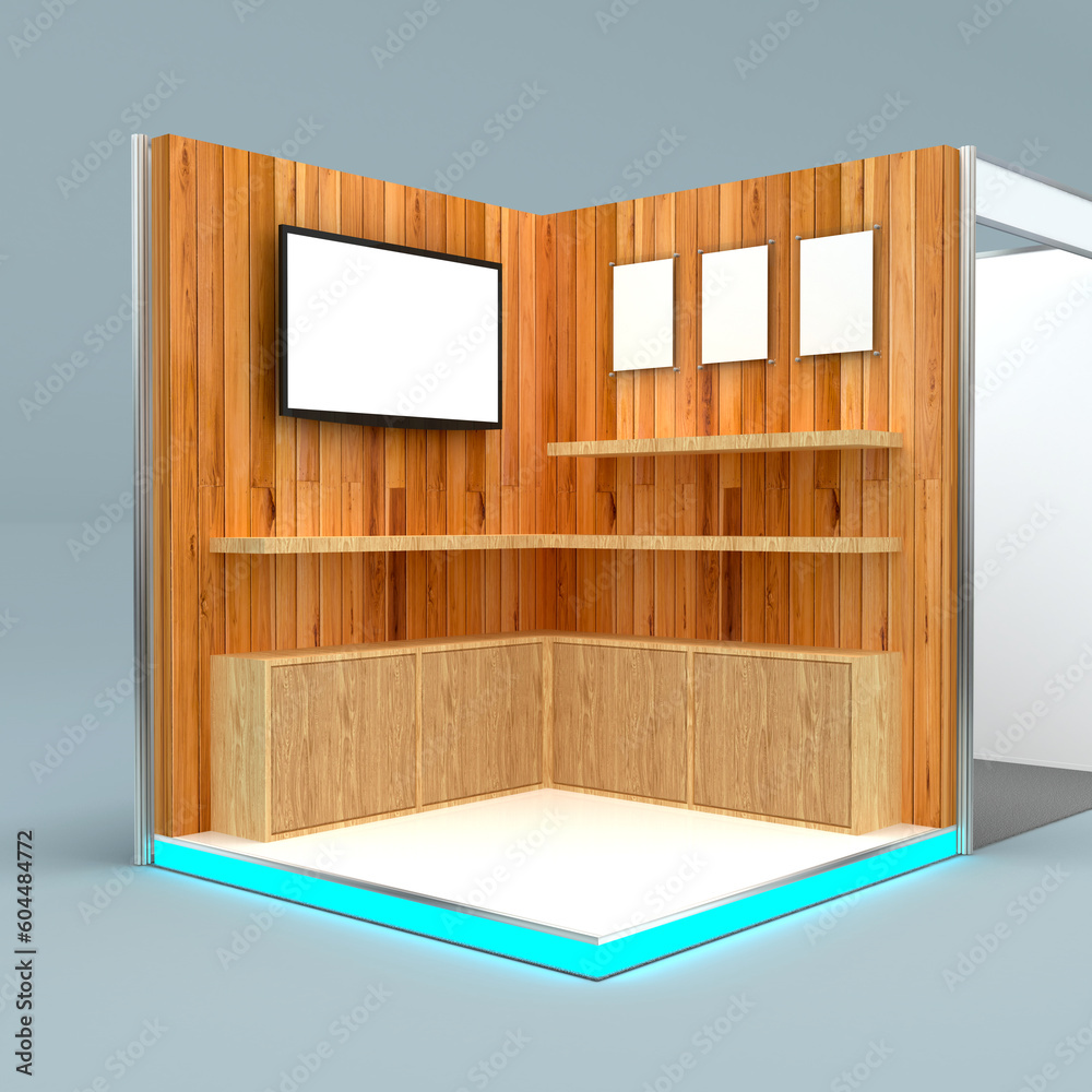 3d illustration stand booth 2x2 m custom portable two sided open with stage level lighted ...