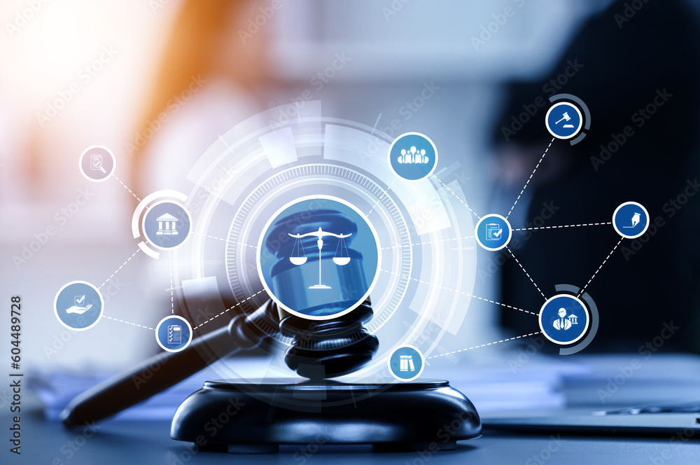 Smart law, legal advice icons and lawyer working tools in the lawyers ...