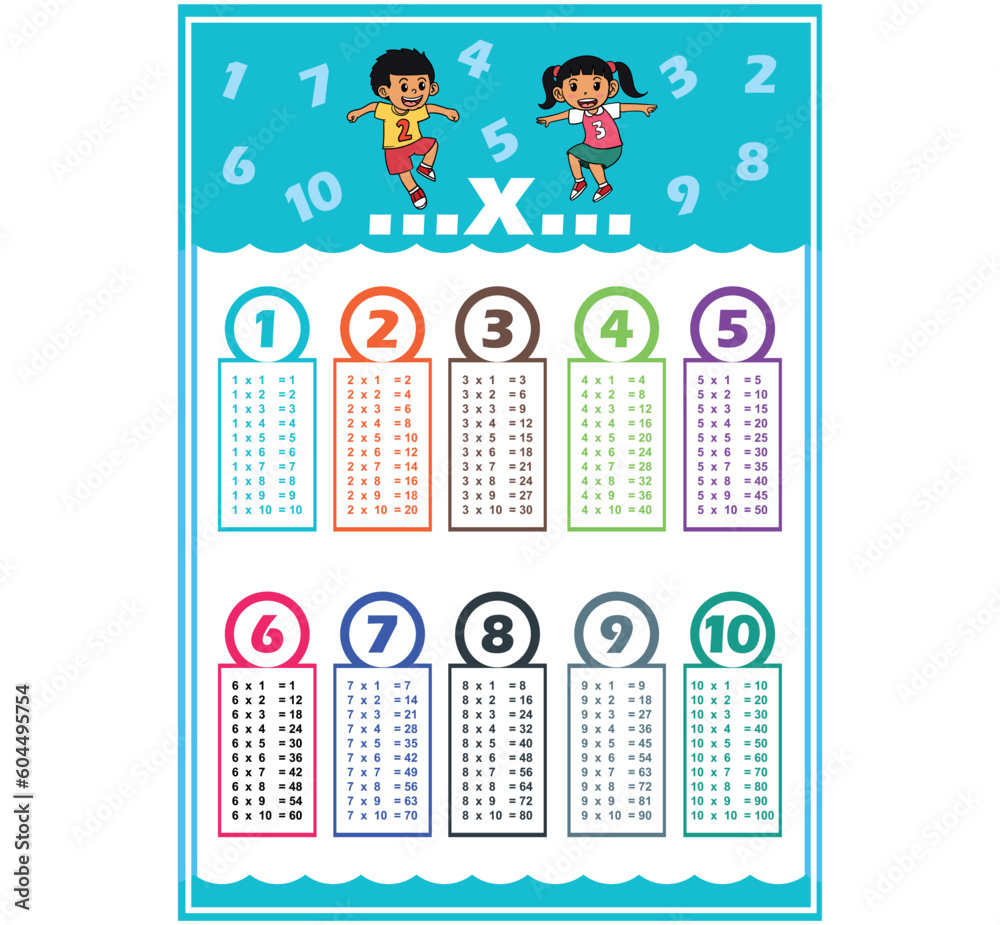 Vector times tables design with blue background two children jumping ...