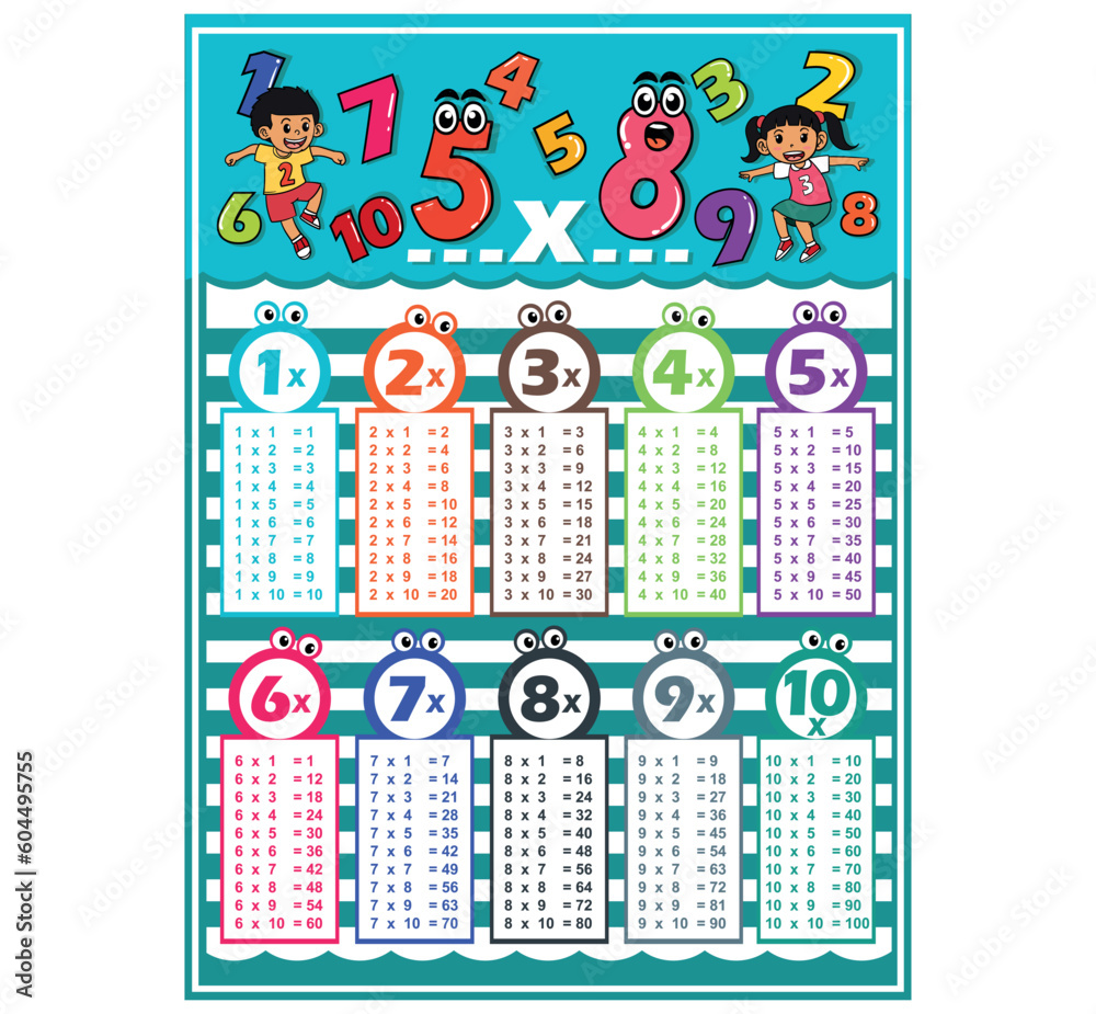 Vector times tables design with blue background two children jumping ...