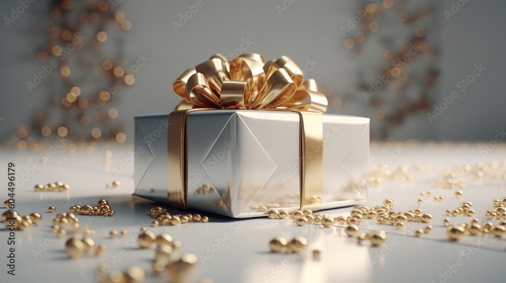 White and Gold Gift box on dark golden background with glitter gold ...