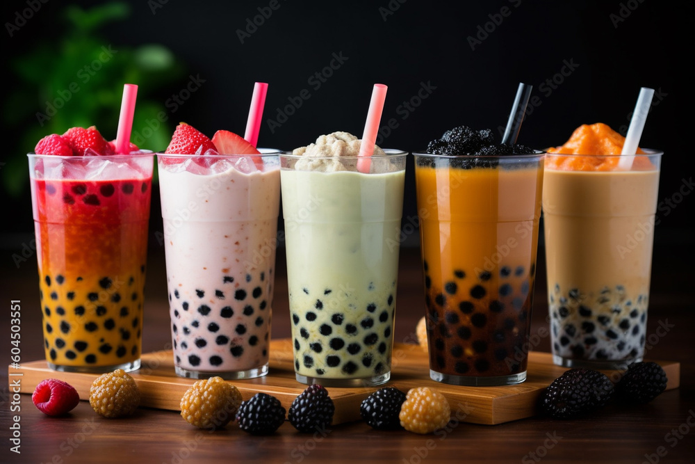 Different Flavored Variations of Bubble Boba Tea, a row of different ...