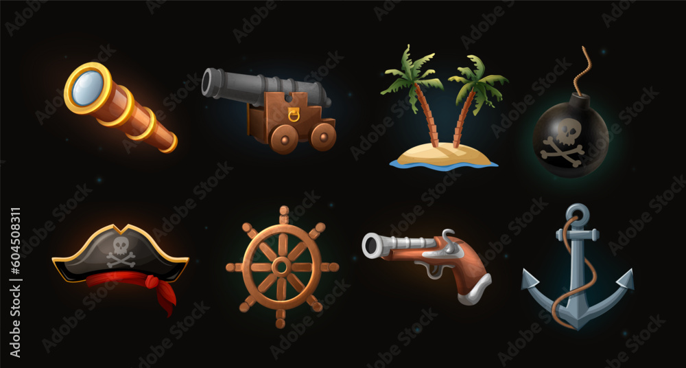 Vector cartoon style 3d icons. Pirate concept. Binocular, gun machine ...