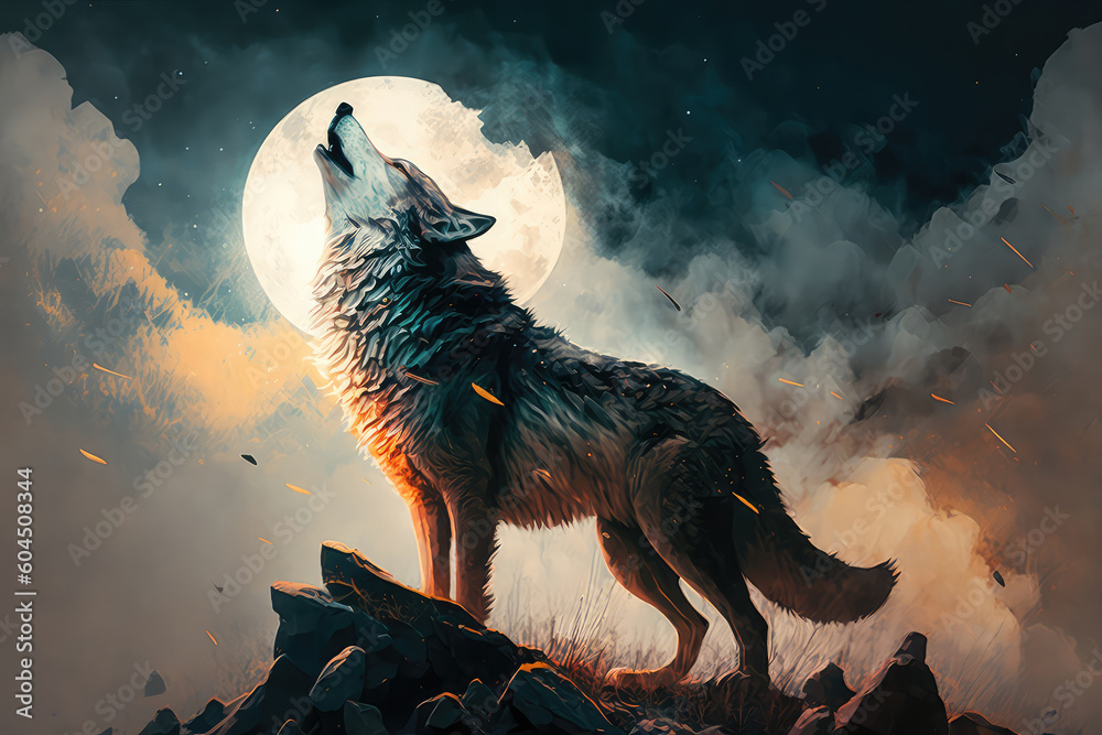 Digital illustration art painting a wolf howling in the wild, big fool ...