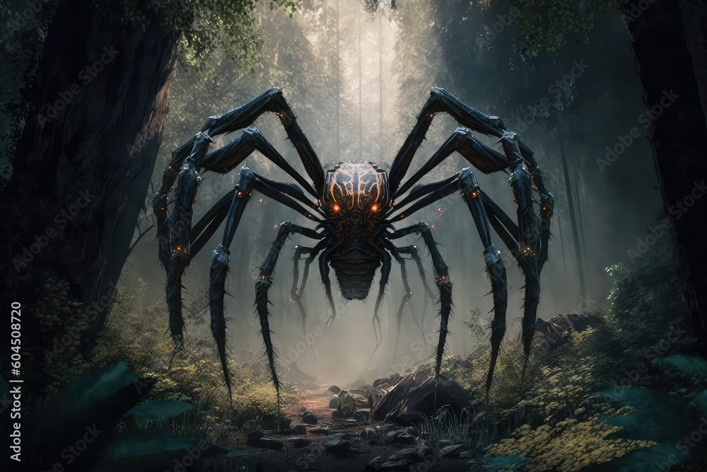 Brave hero lights way with lantern, stands in front of huge spider with ...